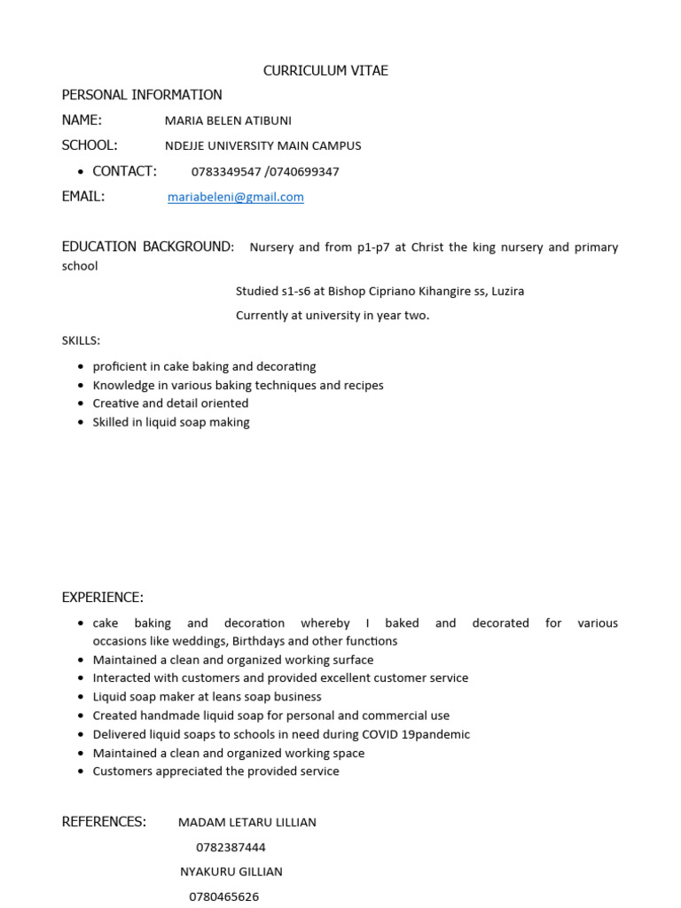 Maria Belen Atibuni CV: Baking & Soap Skills | PDF