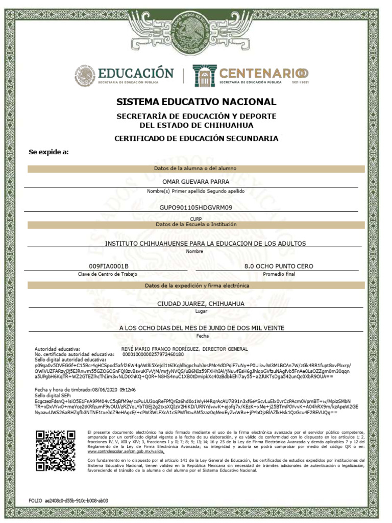 Certificado Secundaria Sep | PDF