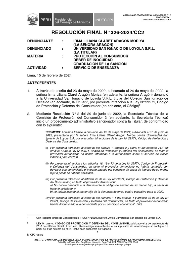 Resolución Final #326-2024/CC2 | PDF | Multa (pena) | Protección al Consumidor