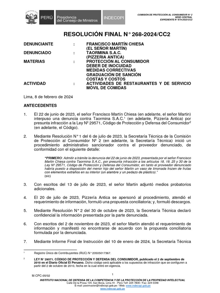 Resolución Final #268-2024/CC2 | PDF | Protección al Consumidor | Multa (pena)