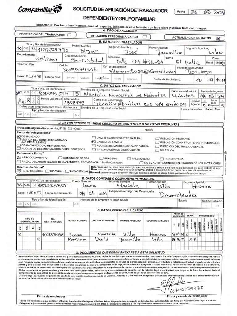 Actualización de Datos - Afiliación Comfamiliar | PDF