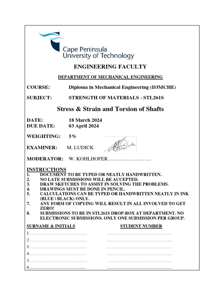 STL261S Assignment 1 Stress and Strain & Torsion of Shafts 2024 | PDF | Stress (Mechanics ...