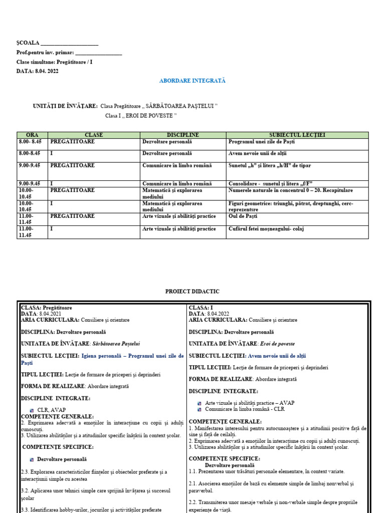 Proiecte Lecție 8.04.2022-Def-CP+Cls.I | PDF