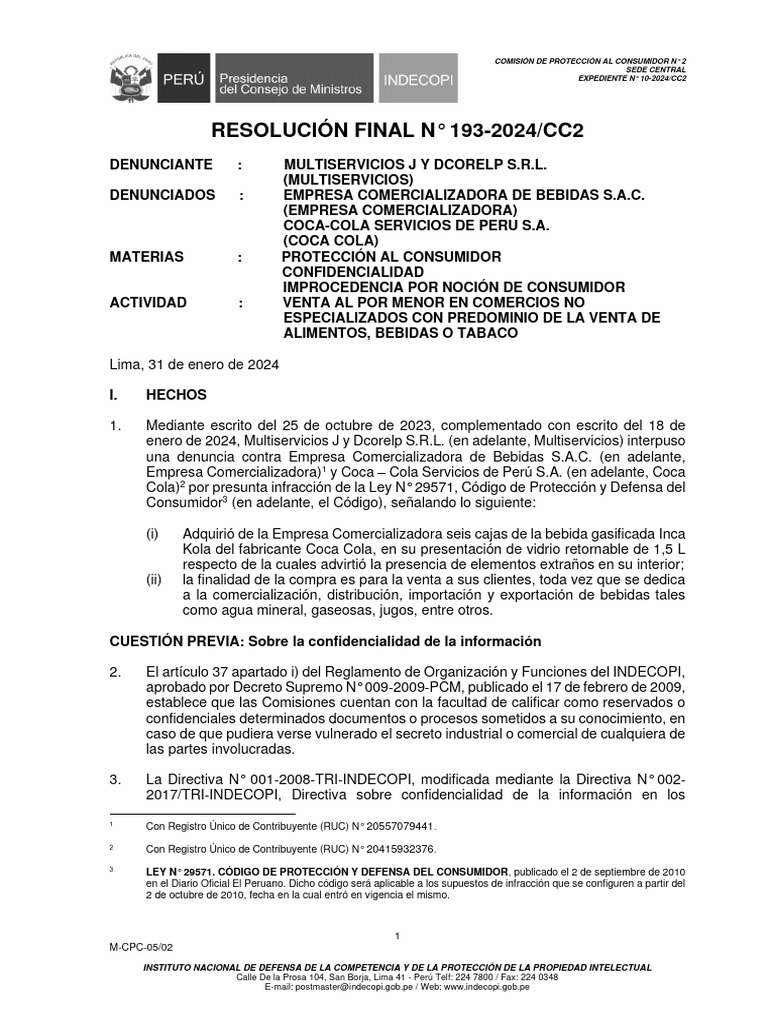 Resolución Final #193-2024/CC2 | PDF | Protección al Consumidor | Los consumidores
