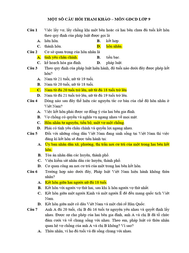 MỘT SỐ CÂU HỎI THAM KHẢO - GDCD 9 - gk2 | PDF