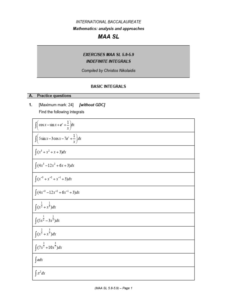 MAA SL 5.8-5.9 INDEFINITE INTEGRALSpdf | PDF | Differential Calculus | Mathematical Concepts