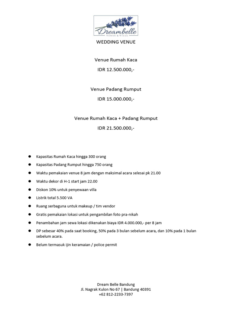 Pricelist Venue Wedding Dreambelle 2024 | PDF