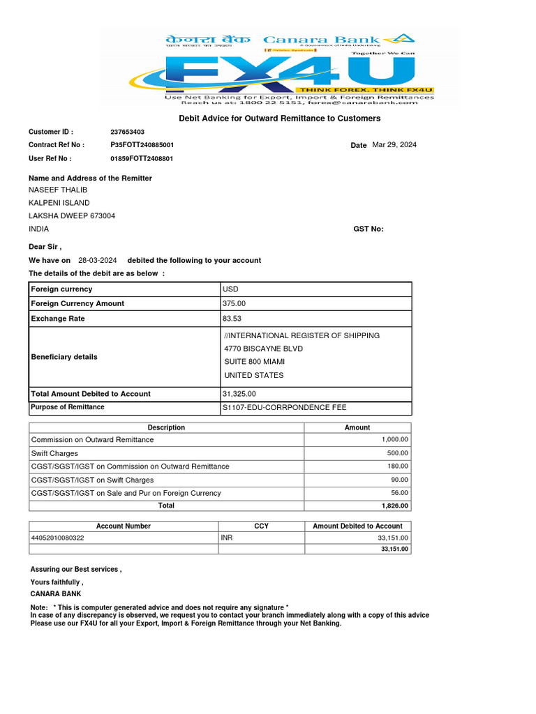 237653403-194315 Debit Advice For Outward Remittance-28!03!24 | PDF ...