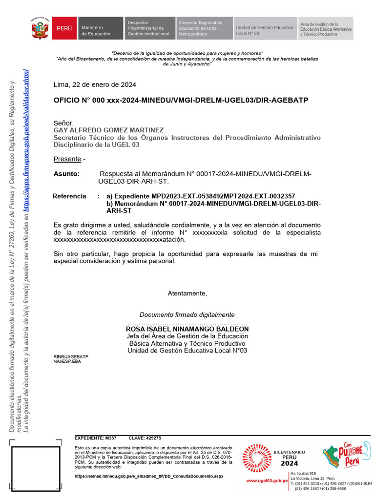 OFICIO 000xx 2024 MINEDU VMGI DRELM UGEL03 DIR AGEBATP | PDF | Gobierno