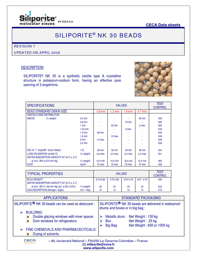 Fiche Produit Siliporite® NK 30 | PDF | Adsorption | Chemical Process Engineering