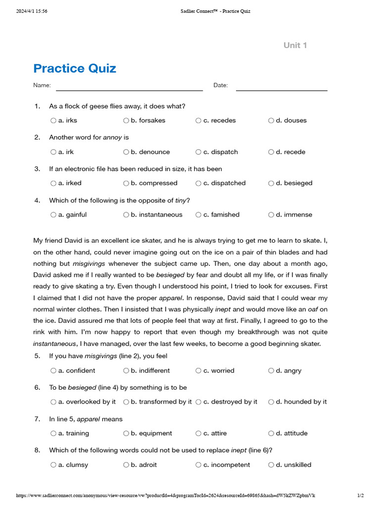 Sadlier Connect™ - Practice Quiz | PDF | Skating