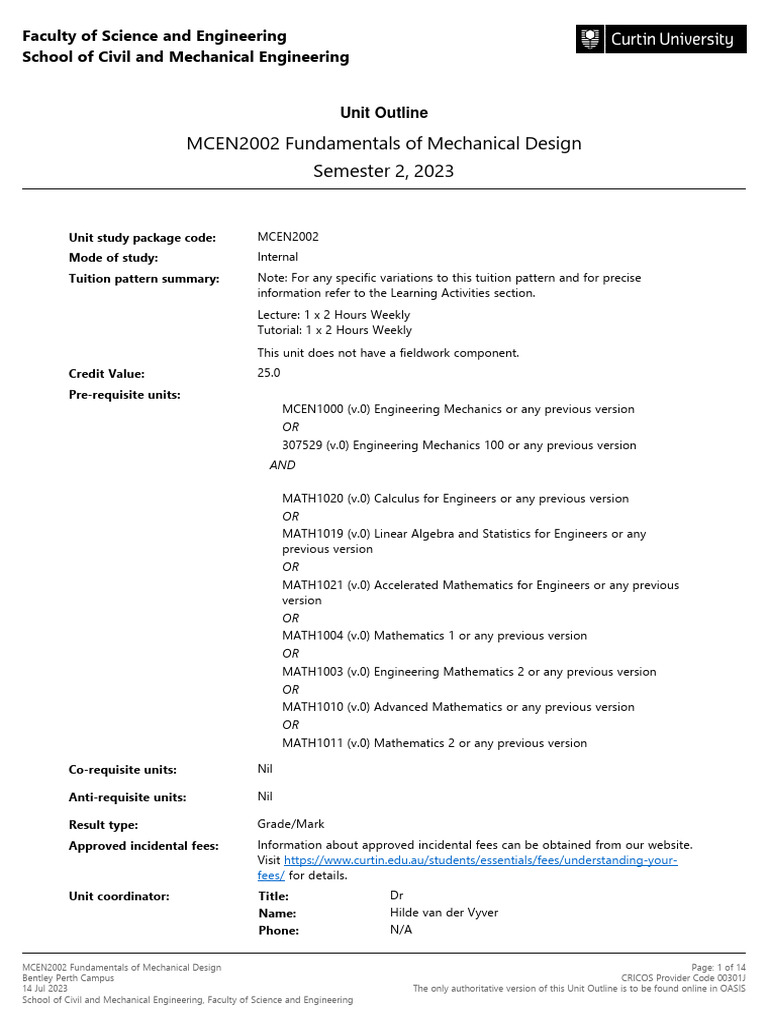 MCEN2002 Mechanical Design Fundamentals | PDF | Engineering | Science ...