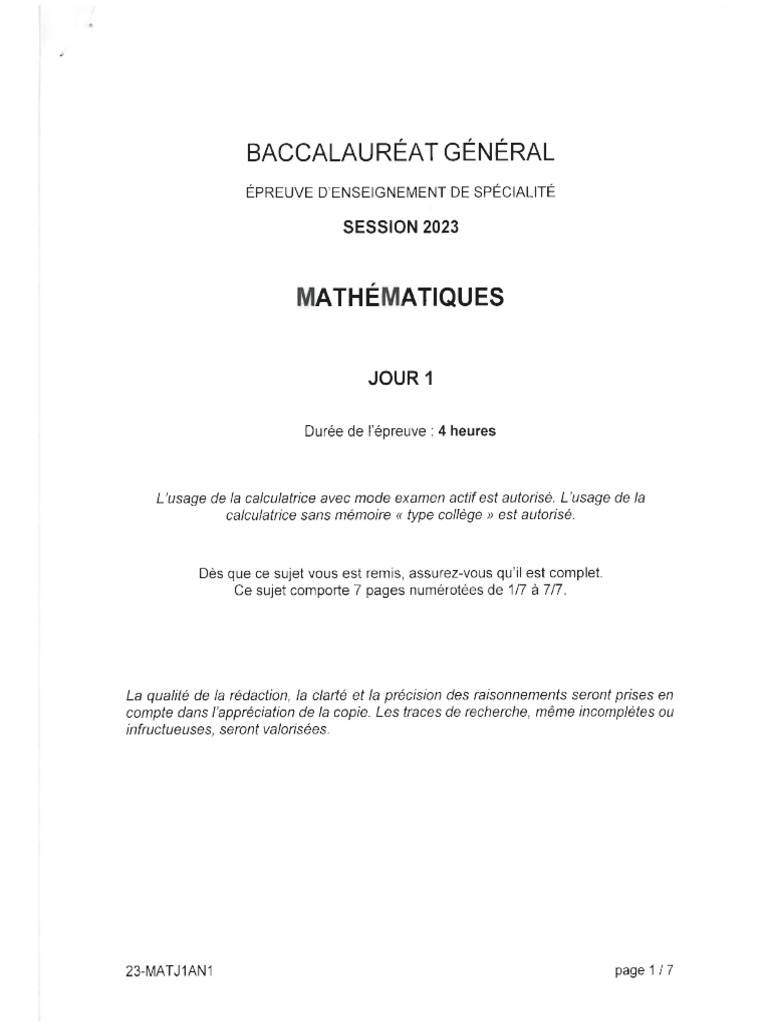 Sujet Bac Maths Spe Amerique Nord 2023 Epreuve 1 | PDF