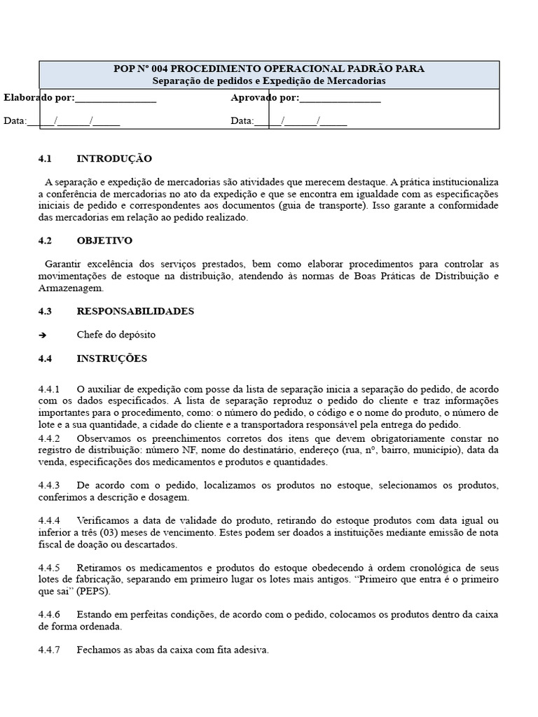 POP #004 Separação de Pedidos e Expedição de Mercadorias | PDF