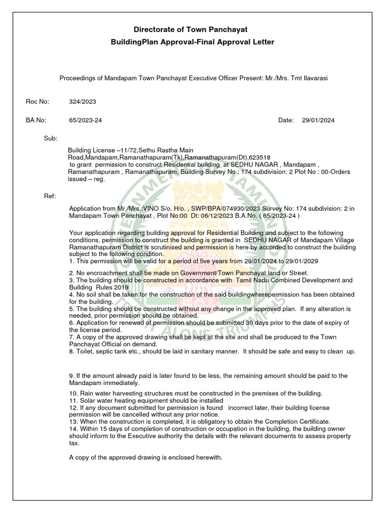 Buildingplan Approval-Final Approval Letter Directorate of Town Panchayat | PDF