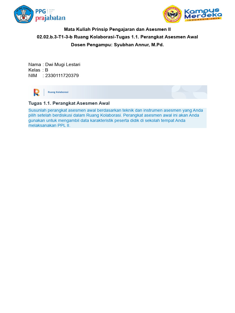 Dwi Mugi Lestari - 02.02.b.3-T1-3-b Ruang Kolaborasi - Tugas 1.1. Perangkat Asesmen Awal | PDF