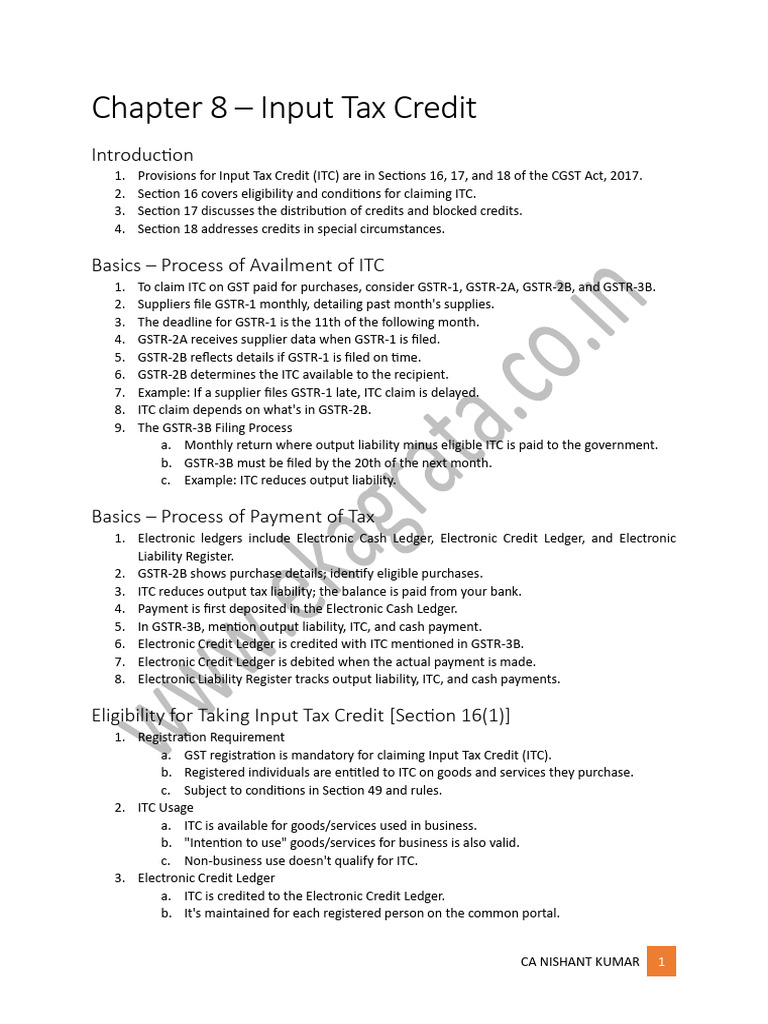 Chapter 8 - Input Tax Credit | PDF | Taxes | Debits And Credits