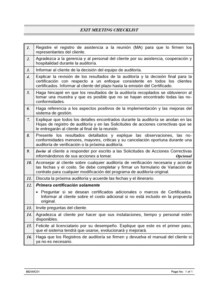 Exit Meeting Checklist | PDF | Auditoría