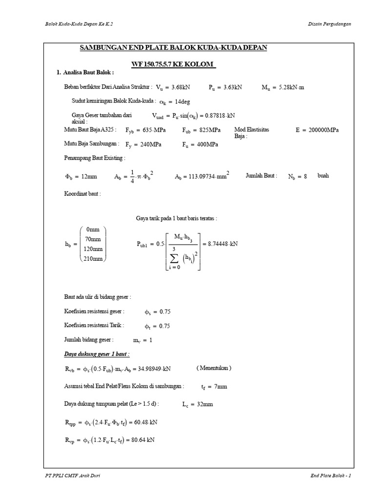 Desain Sambungan End Plate Balok | PDF