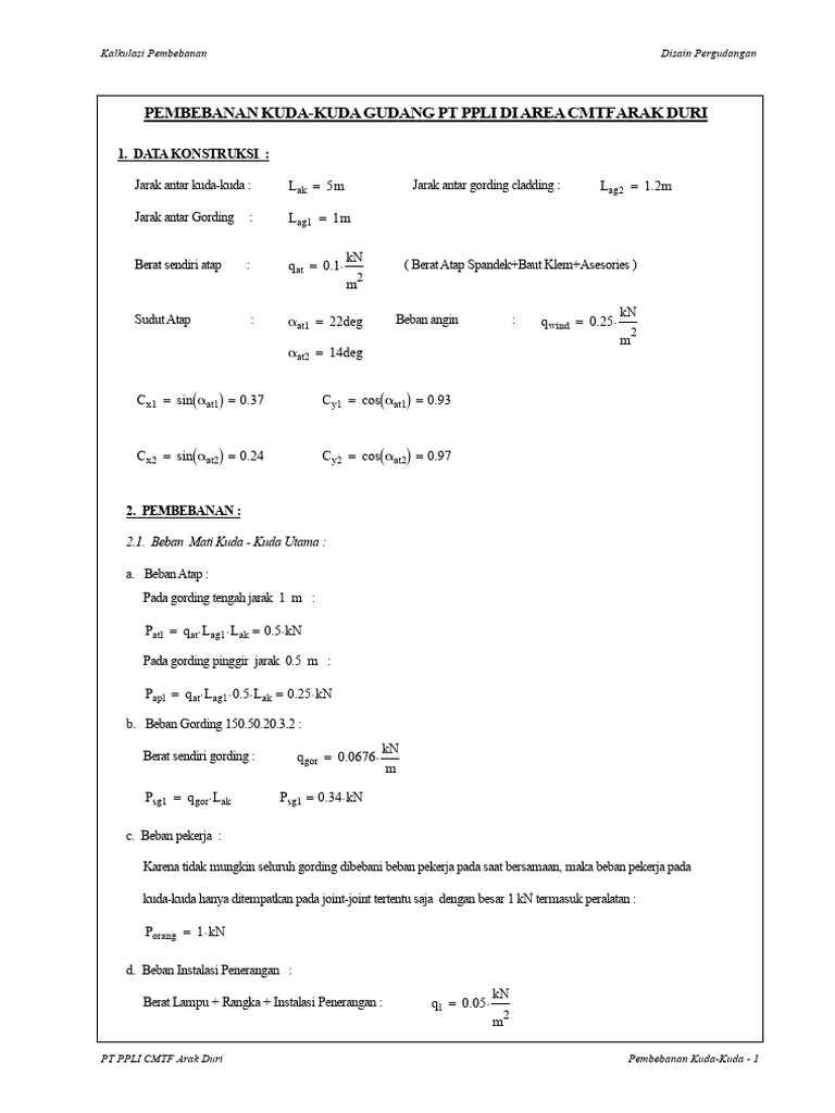 Mathcad - BEBAN KUDA KUDA GUDANG PERTAMINA 2 | PDF