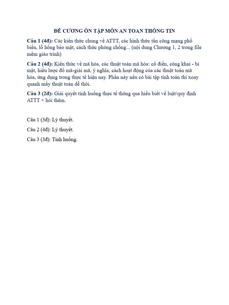 ĐỀ CƯƠNG ÔN TẬP MÔN AN TOAN THÔNG TIN | PDF