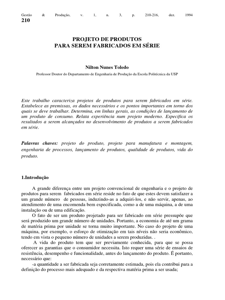 Nilton Nunes Toledo: Palavras Chaves: Projeto Do Produto, Projeto para Manufatura e Montagem ...