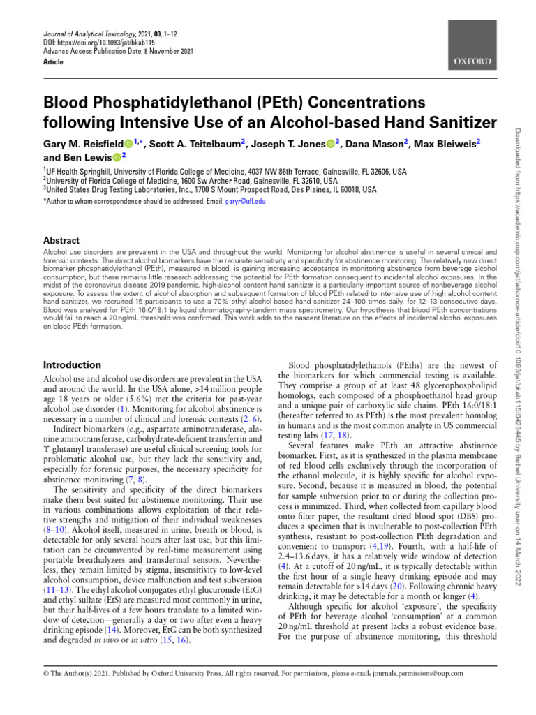 PEth Concentrations Following Use of Hand Sanitizer | PDF | High ...