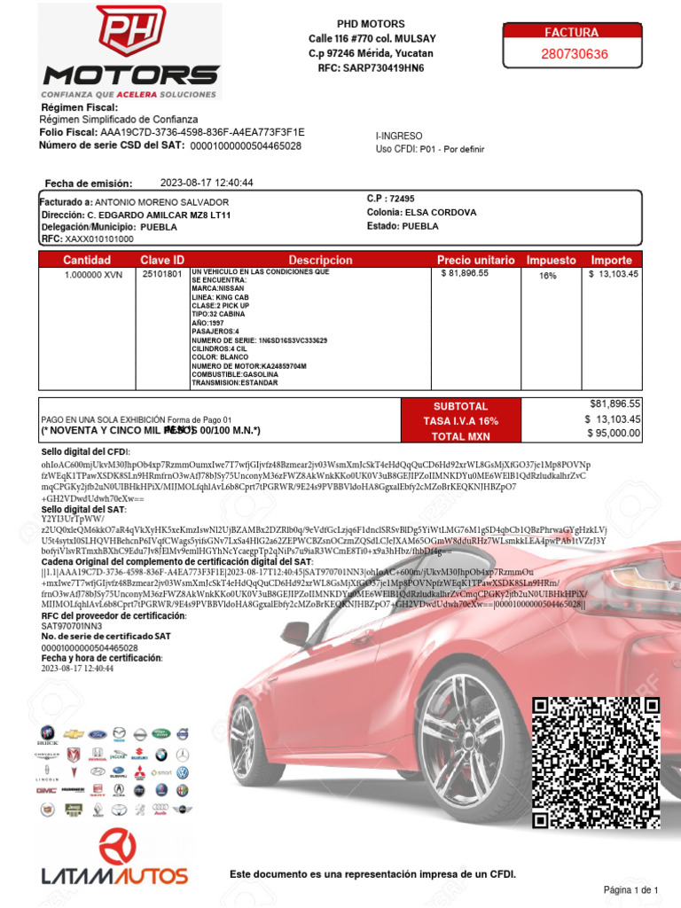 Factura Nissan Nissan | PDF | Tecnología de vehículos | Industria automotriz