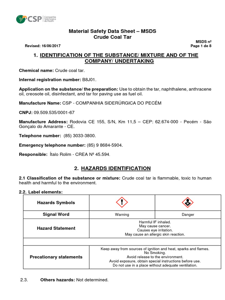MSDS - FISPQ - Coal Tar | PDF | Personal Protective Equipment | Solubility