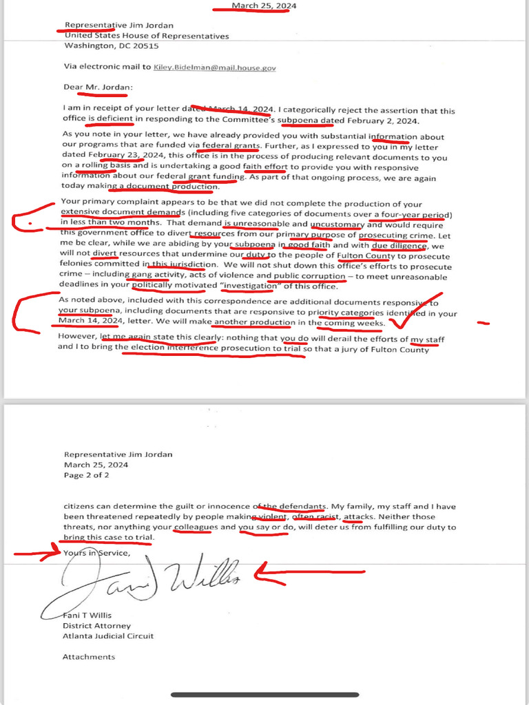 Fani Willis Responds To Jim Jordan Letter Re Documents | PDF