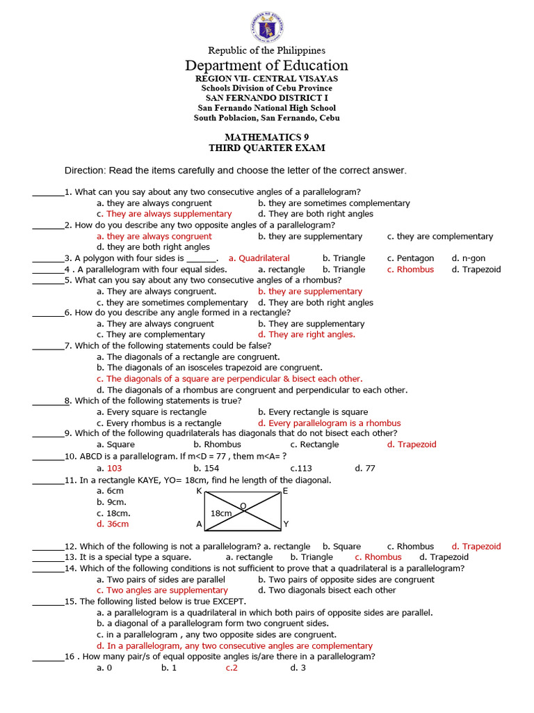 Math 9 - 3RD Q. Exam | PDF | Rectangle | Euclidean Geometry