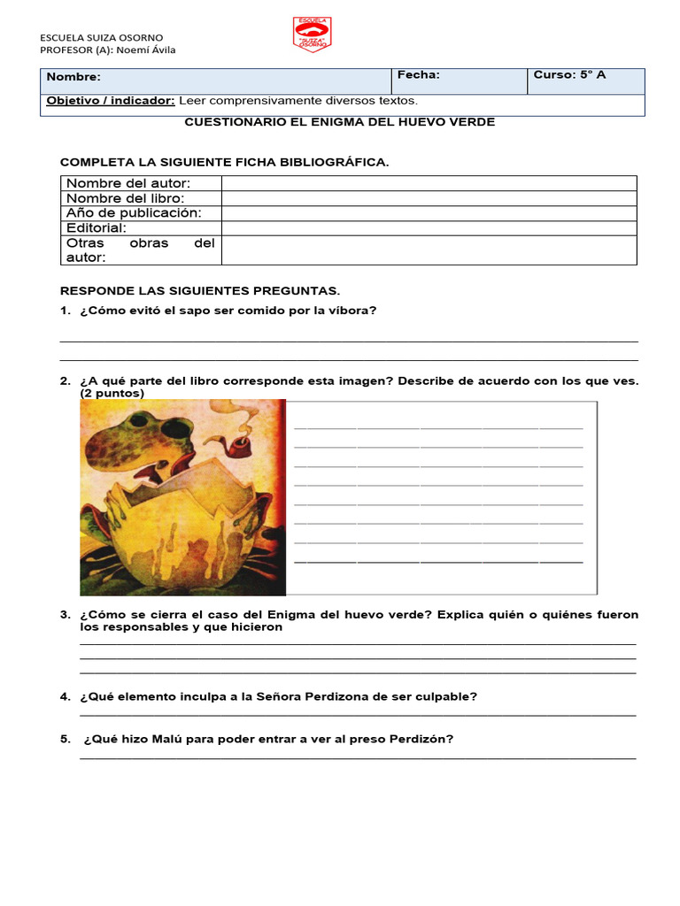 Cuestionario El Enigma Del Huevo Verde | PDF