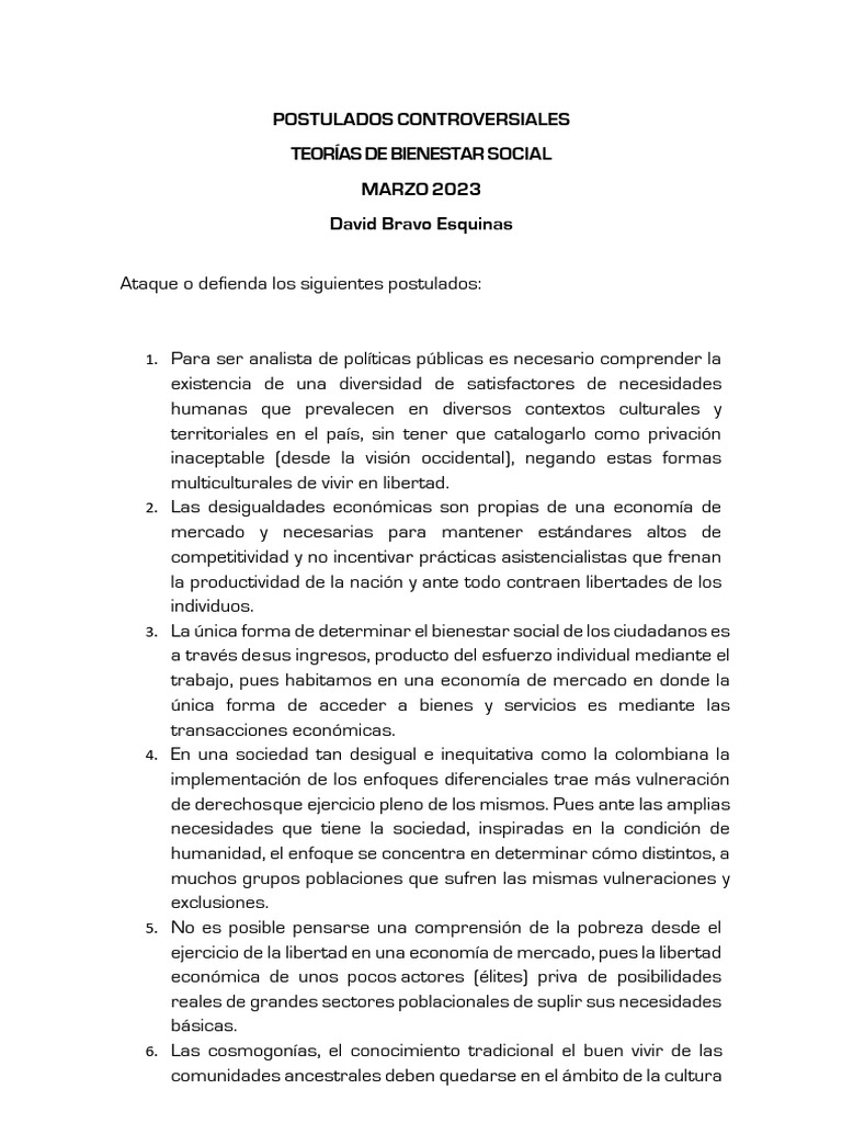 Postulados Controversiales I - 2024 Umd | PDF | Pobreza | Pobreza e ...