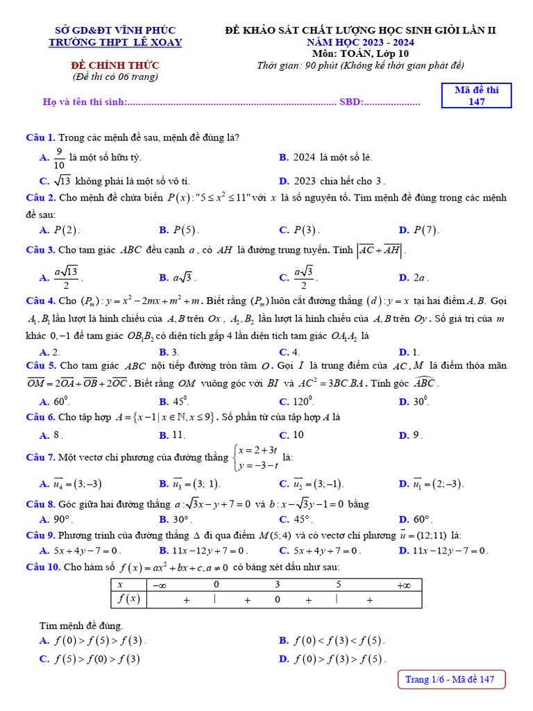 De KSCL HSG Lan 2 Toan 10 Nam 2023 2024 Truong THPT Le Xoay Vinh Phuc | PDF