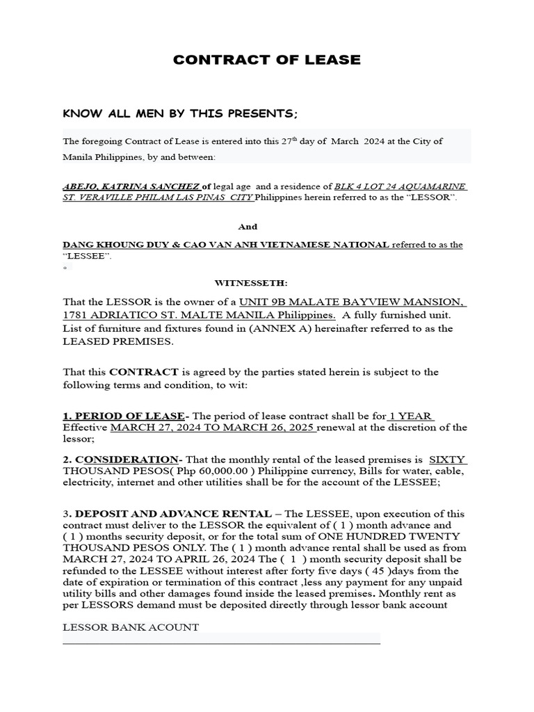 Malate Bayview Mansion Contract | PDF | Lease | Common Law