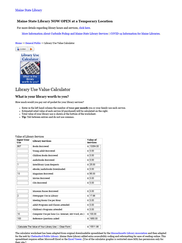 Library Use Value Calculator - Maine State Library | PDF | Libraries ...
