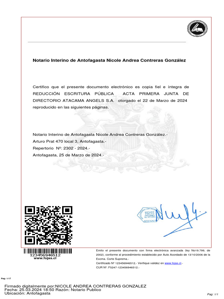 Not - Nandreacon - Reducci - N Escritura P - Blica Acta Primera Junta de Directorio Atacama ...