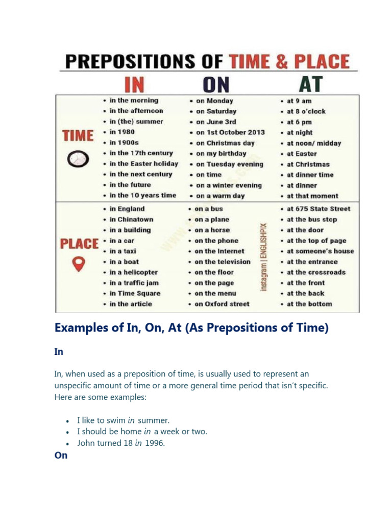 Pepositions of Time and Place | PDF