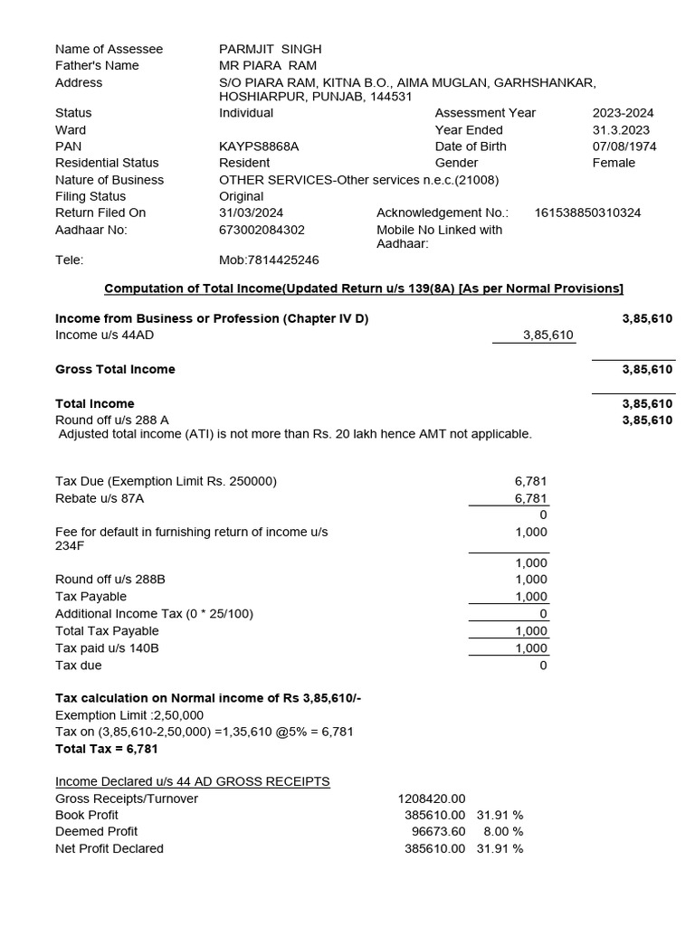 Parmjit Singh Comp Ay 202324 | PDF | Taxes | Public Finance