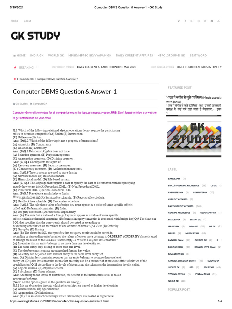 Computer DBMS Question & Answer-1 - GK Study | PDF | Databases | Information Technology