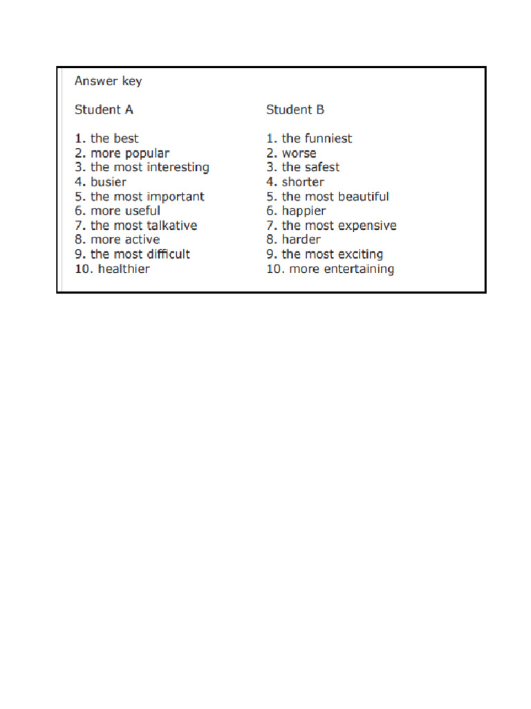 Answer Key To Predict Answers To Comparative and Superlative Questions ...
