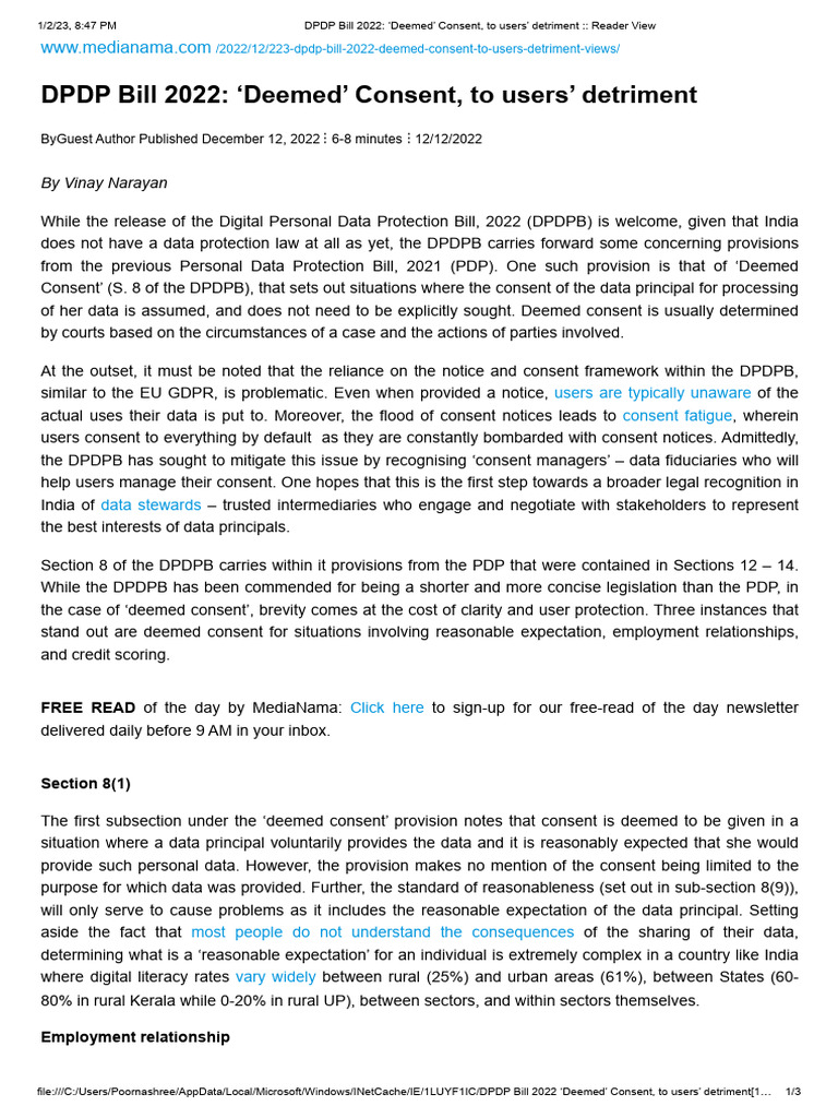 DPDP Bill 2022 - Medianama | PDF | Employment | Consent