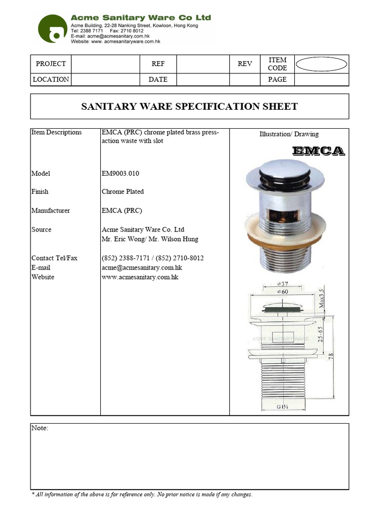 Sanitary Ware Specification Sheet | PDF