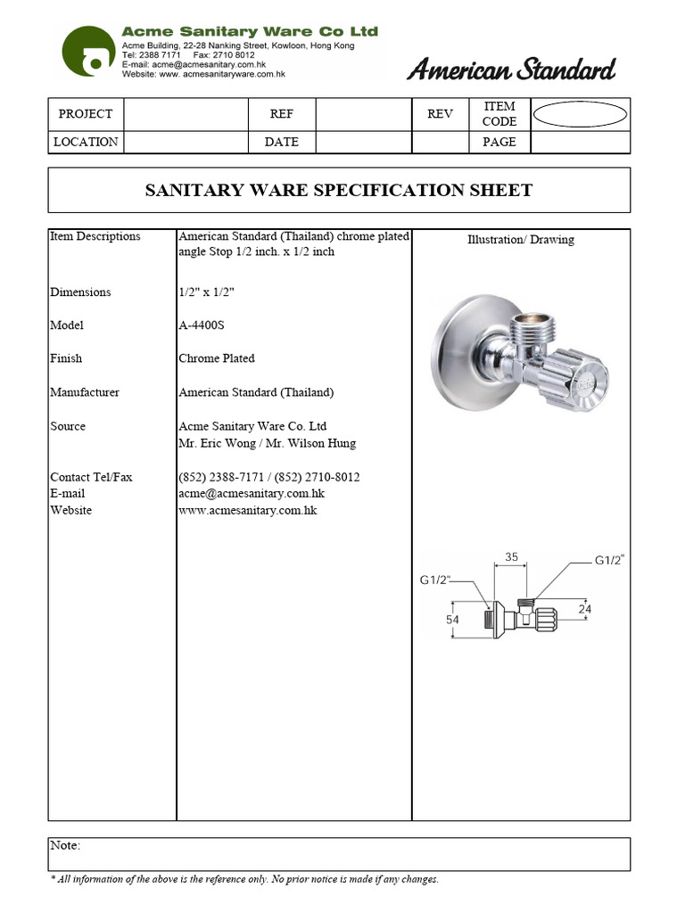 Sanitary Ware Specification Sheet | PDF