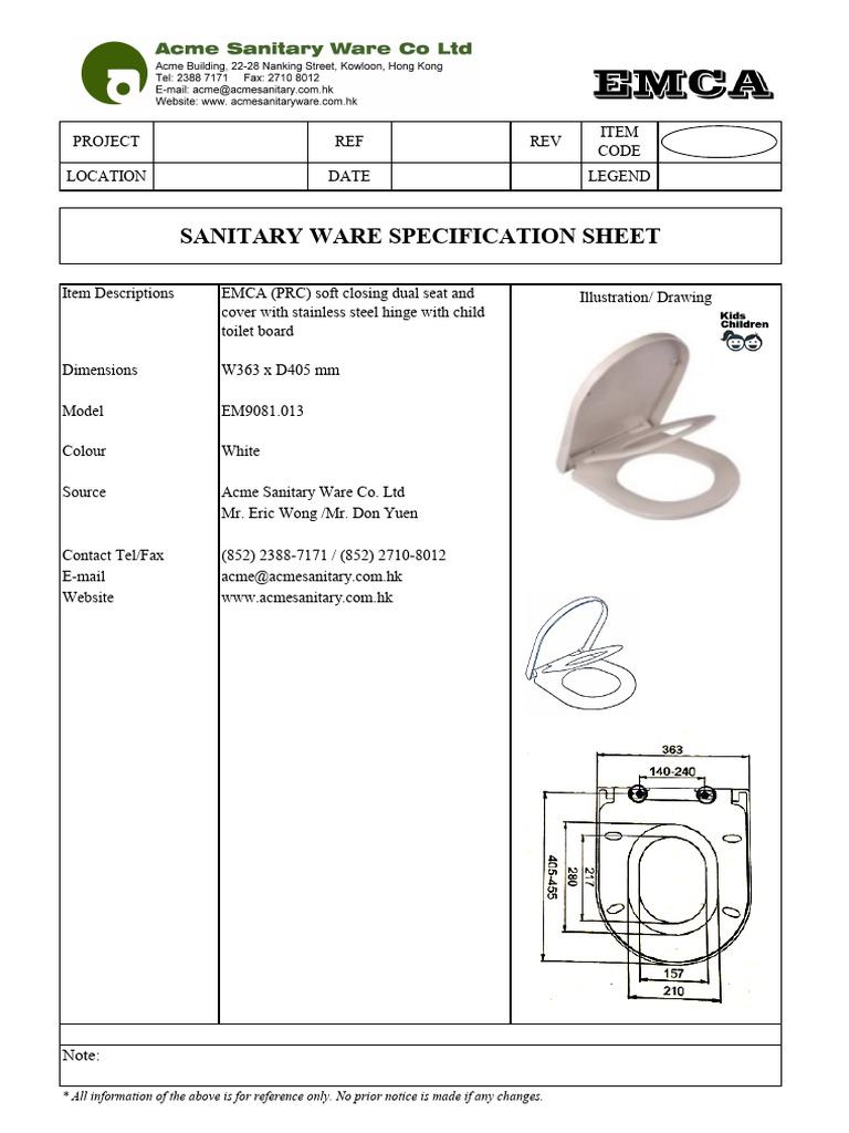 Sanitary Ware Specification Sheet | PDF