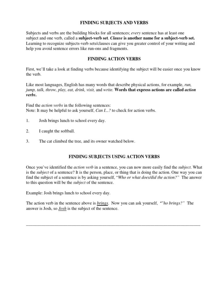 Identifying Subjects and Verbs in Sentences | PDF | Subject (Grammar ...