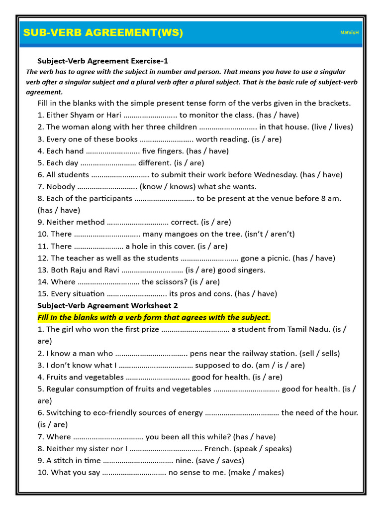 Sub-Verb Agree (Worksheet) | PDF | Verb | Languages