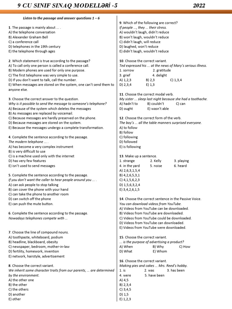 9 Cu Sinif Sinaq Modelleri 5 | PDF | Anger | Telephone