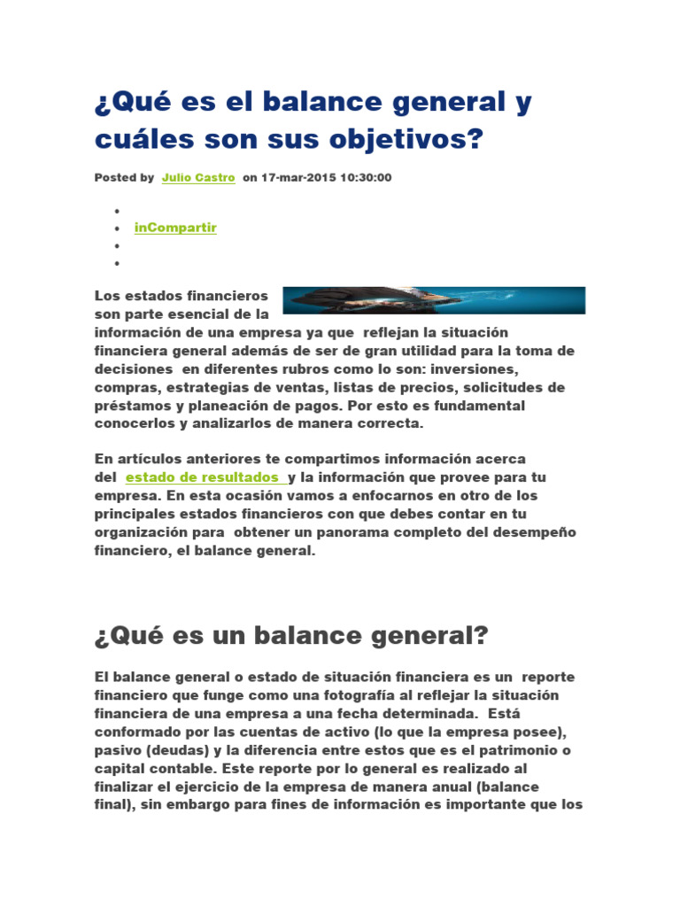 ¿qué Es El Balance General Y Cuáles Son Sus Objetivos Pdf Hoja De