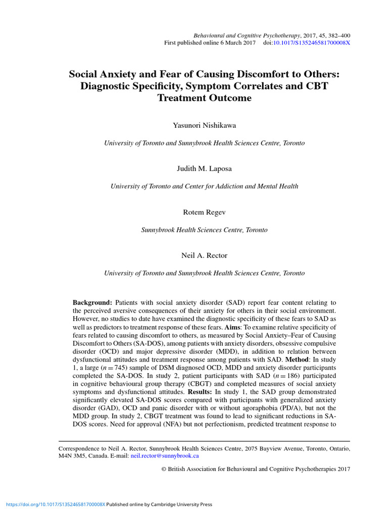 Social Anxiety and Fear of Causing Discomfort To Others Diagnostic ...
